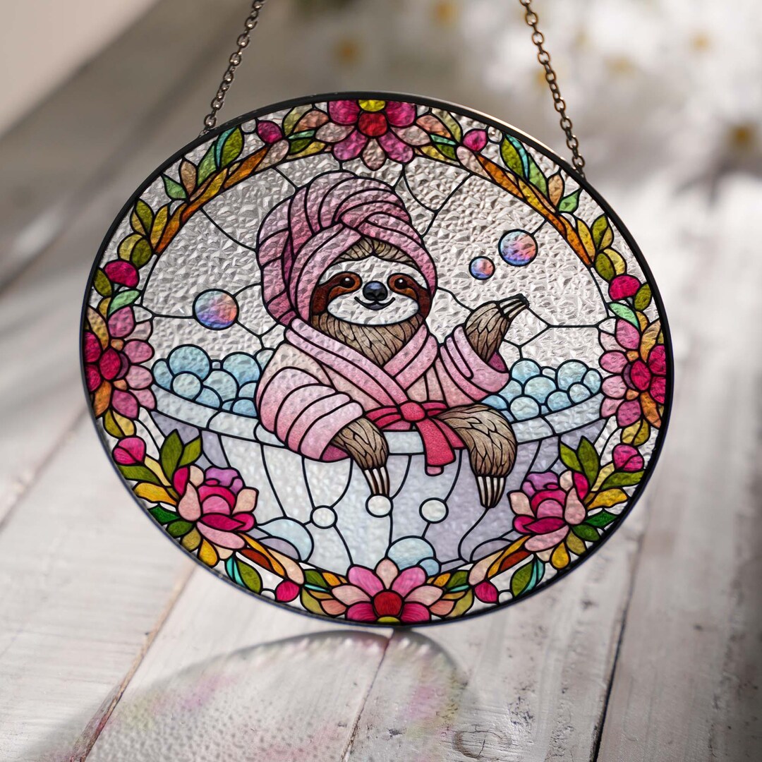 Funny Sloth in Bath Tub GLASS Suncatcher Hanging, Sloth Glass Ornament ...