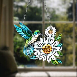 Hummingbird With Daisy Acrylic Window Hangings, Garden Hummingbird ...