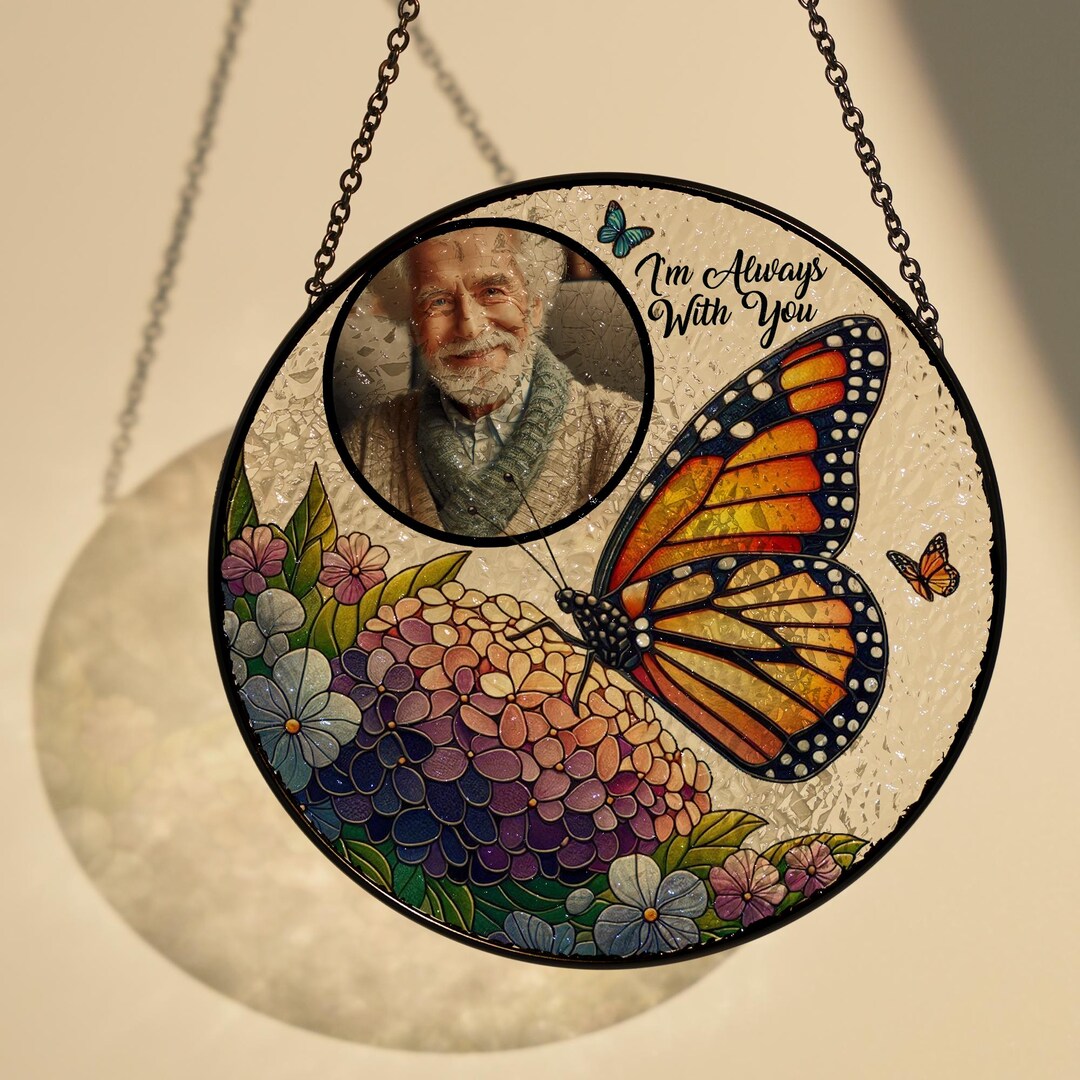 Personalized Photo Glass Suncatcher: Butterfly & Hydrangea Memorial ...