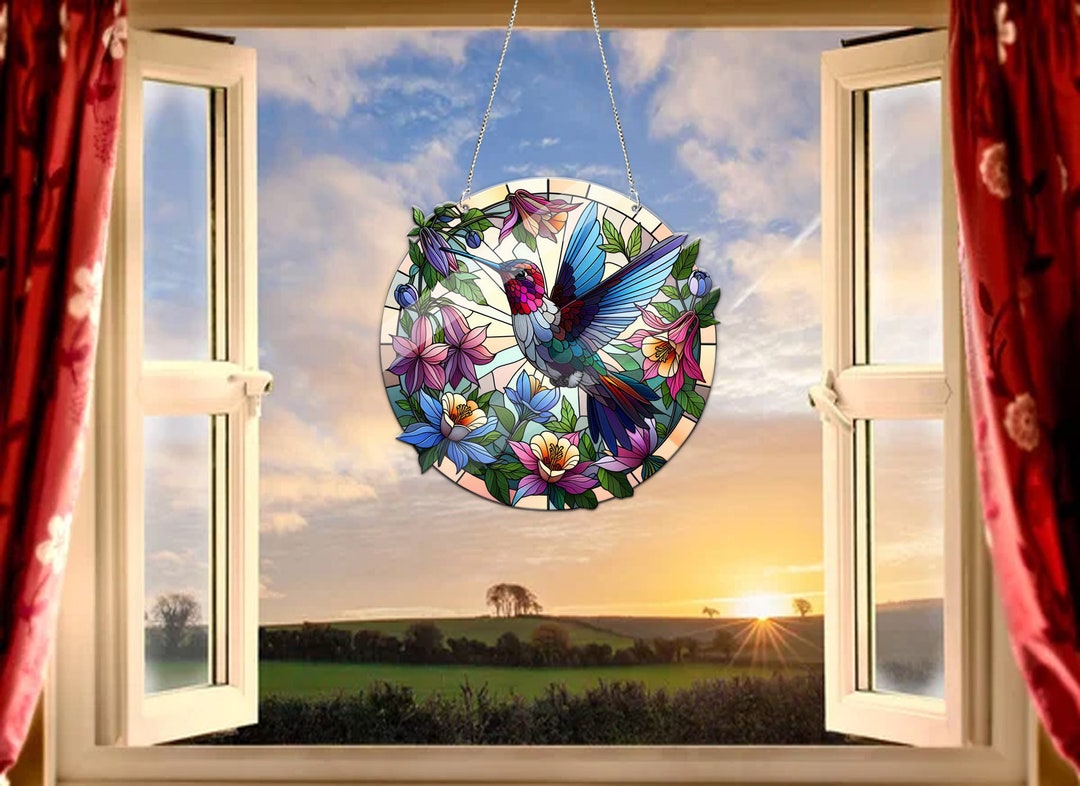 Columbine and Hummingbird Acrylic Window Hangings, Garden Hummingbird ...
