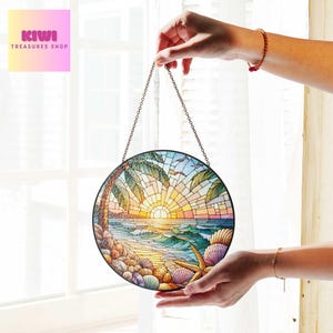 Coastal Seashell Sunset Beach Glass Suncatcher Beachy Starfish Ornament ...
