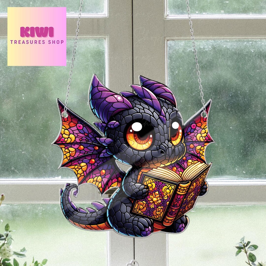 Kute Dragon Reading Book ACRYLIC Window Hanging, Dragon Lover Decor ...