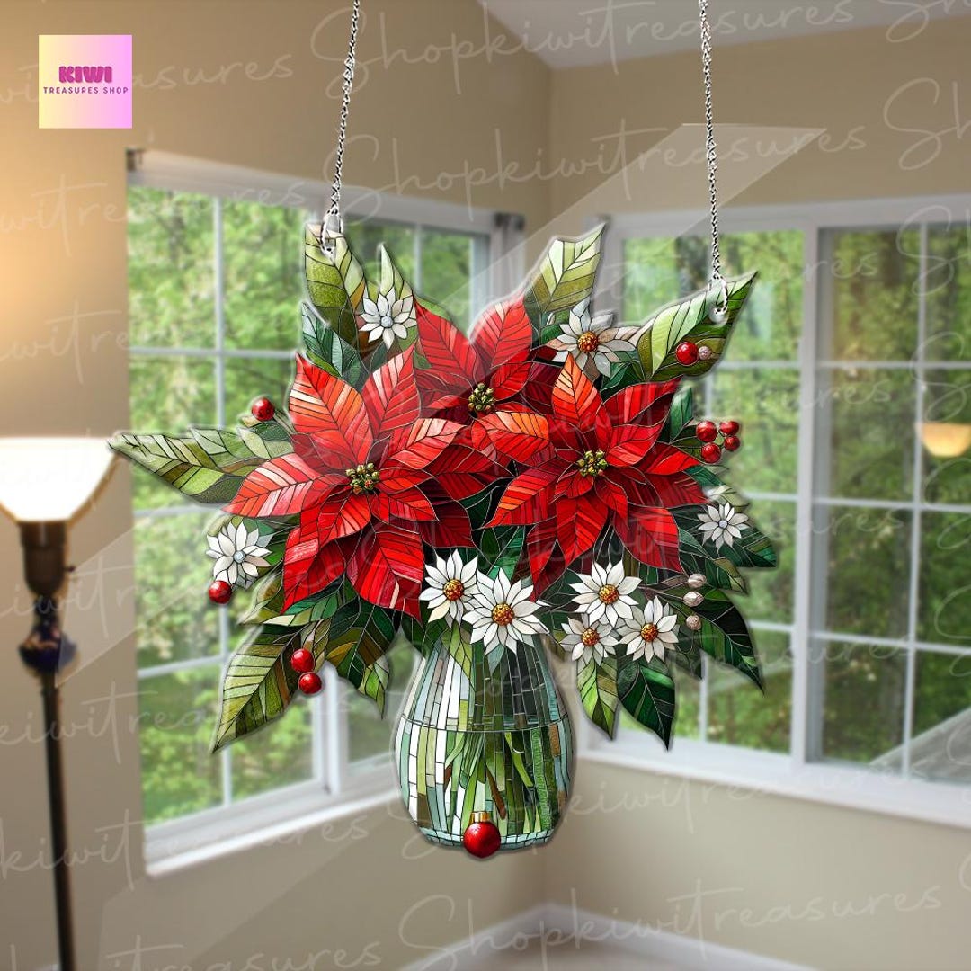 Red Poinsettias Bouquet Christmas ACRYLIC Window Hanging, Poinsettias ...
