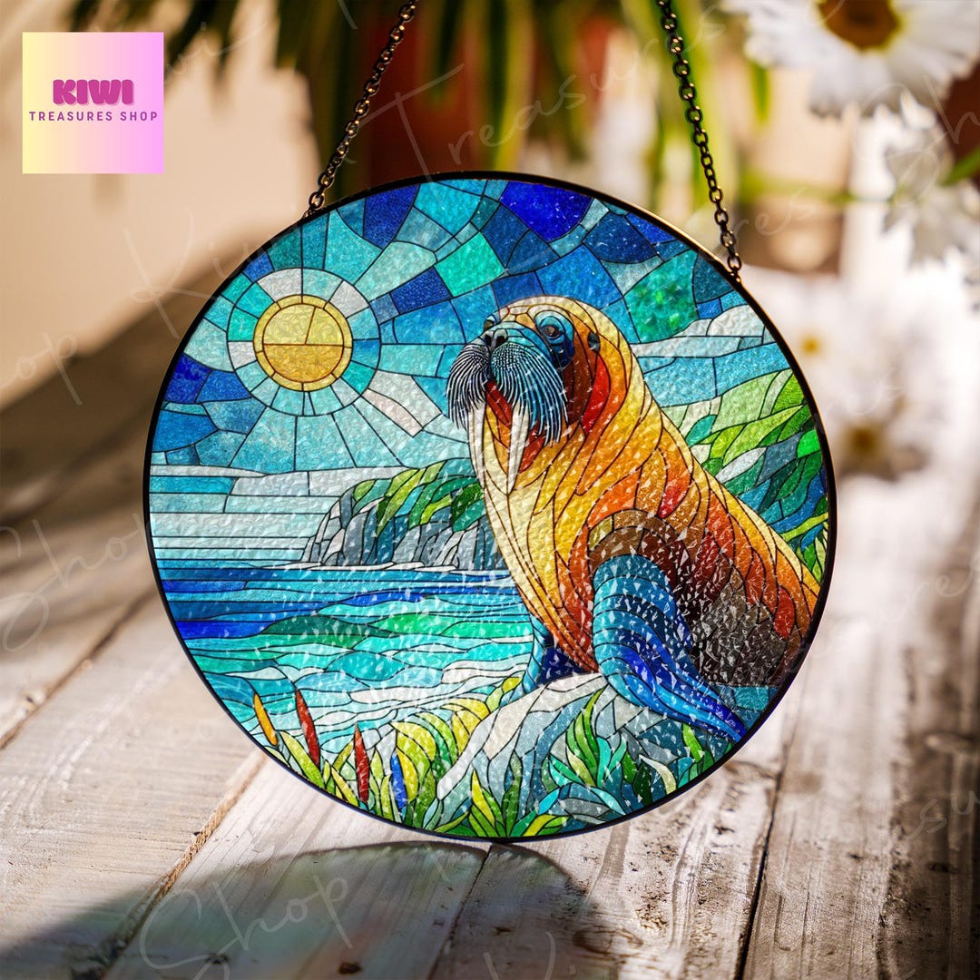 Walrus on Cliff Landscape GLASS Suncatcher Hanging, Walrus Wall Art ...