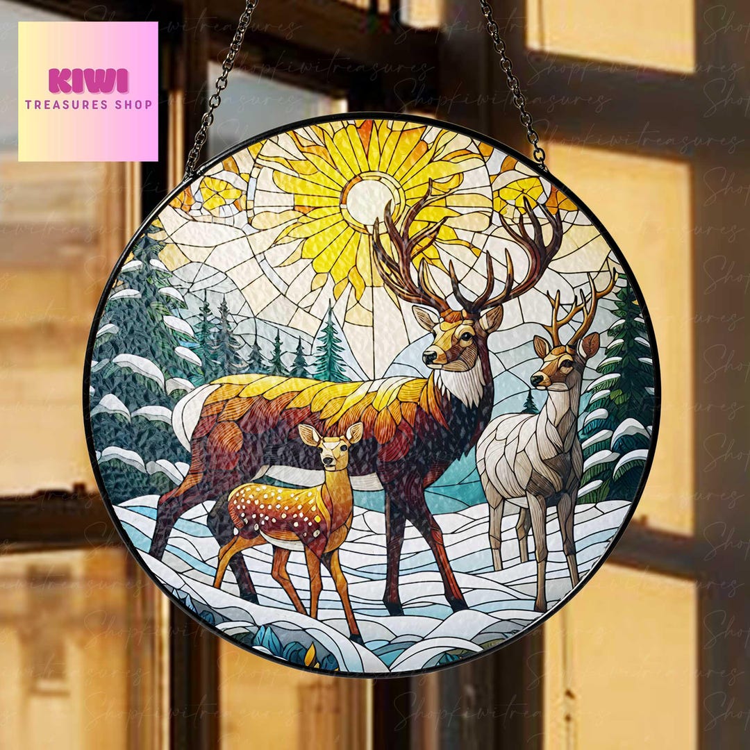 Deer Family in Winter Forest GLASS Sun Catcher, Deer Suncatcher ...
