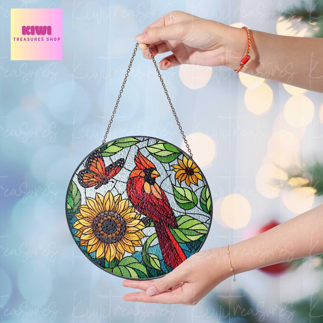Red Cardinal and Sunflower GLASS Suncatcher | Cardinal Suncatcher ...