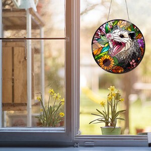 Cute Opossum in Flower Garden Window Art, Acrylic Window Hanging ...