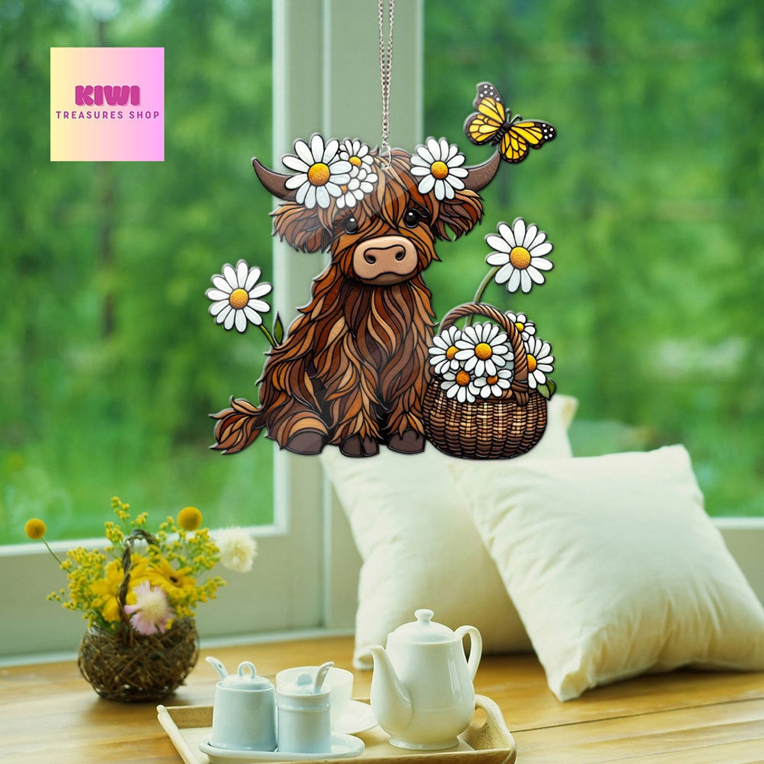 ACRYLIC Daisy Highland Cow Window Hanging, Cute Baby Cow, Farmhouse ...