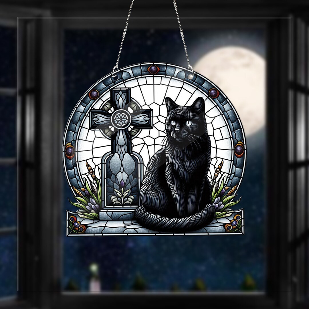 Black Cat Gravestone Acrylic Window Hangings, Gothic Hanging, Cat Mom ...