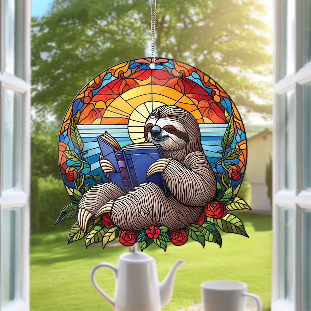 ACRYLIC Sloth Reading Book Window Hanging, Book Lover Gift, Bookish ...