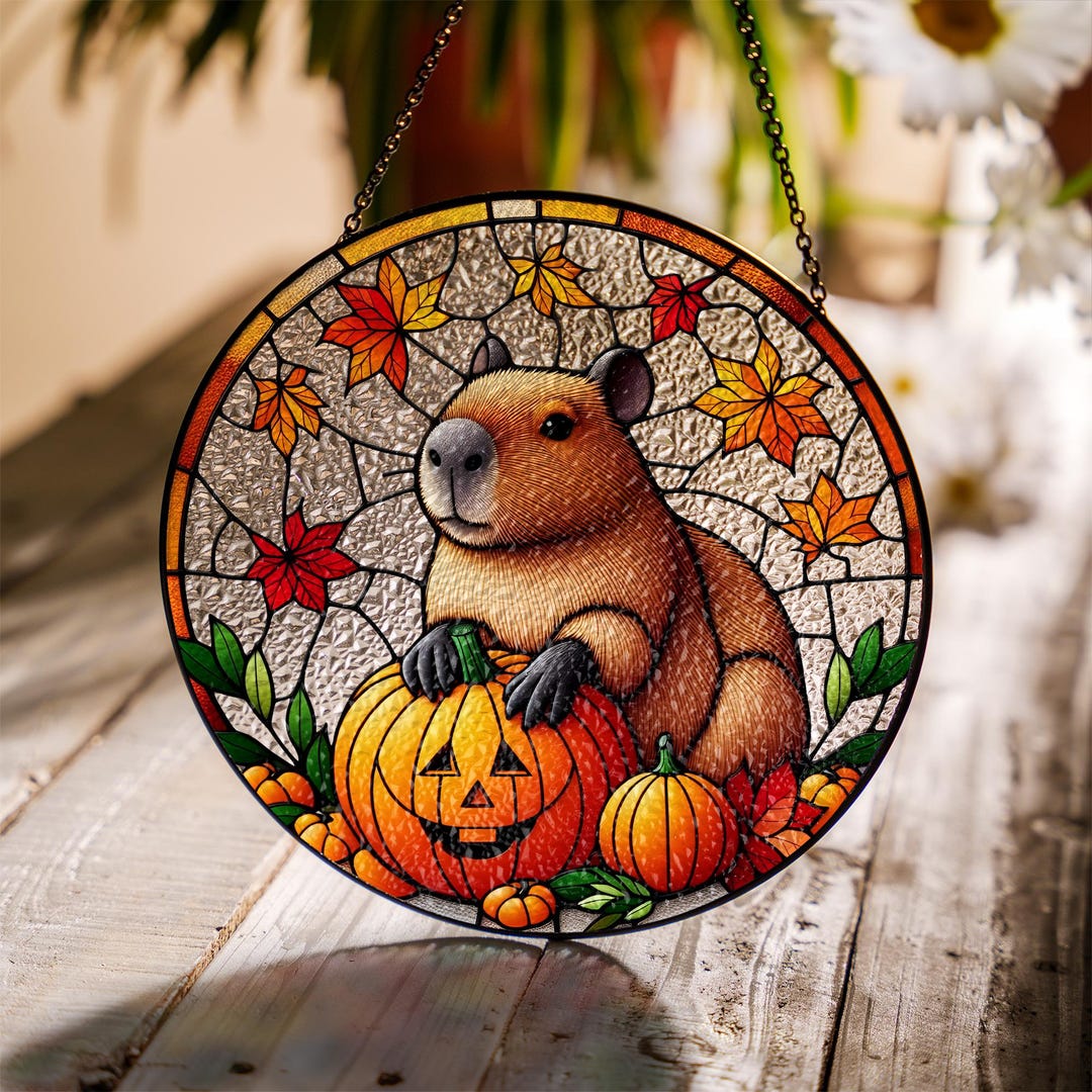Capybara Halloween Suncatcher, Glass Pumpkin Decor, Fall Animal Window ...