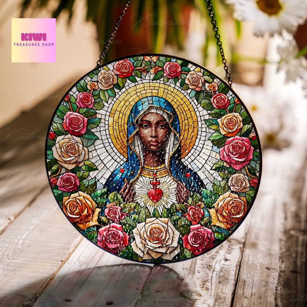 African Virgin Mary Religious GLASS Suncatcher Hanging, Jesus Christ ...