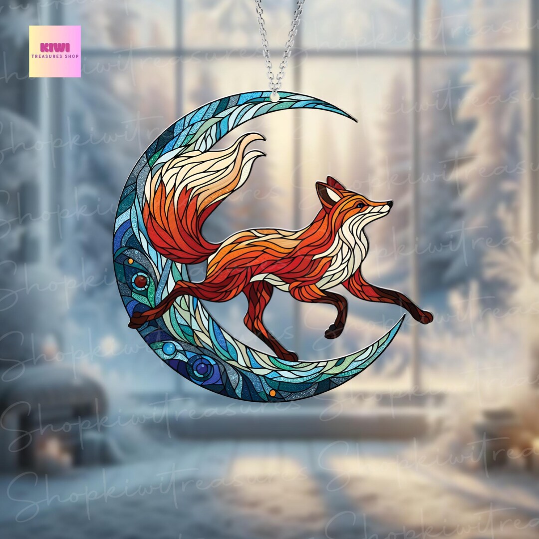 Orange Fox on Moon ACRYLIC Window Hanging, Fox Lover Decor, Fox Decor ...