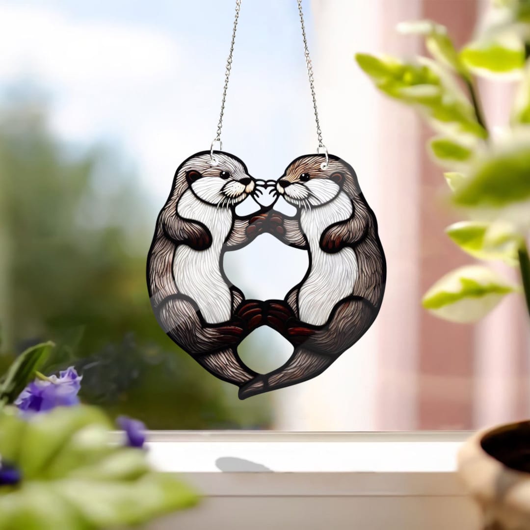 Otter Couple Faux Stained Glass ACRYLIC Window Hanging, Otters Window ...