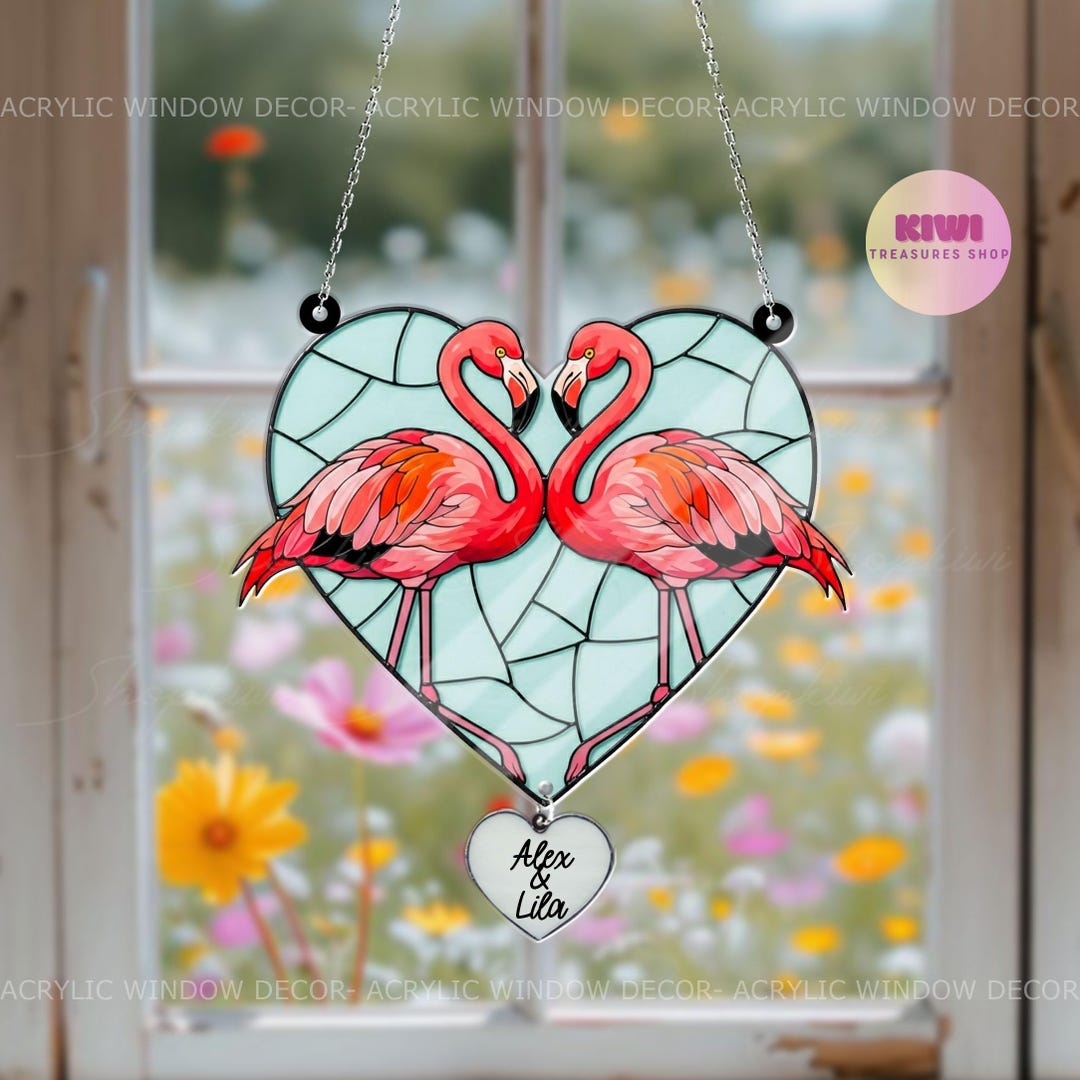 Personalized Flamingos Couple Acrylic Hanging Sign, Custom Names Love ...
