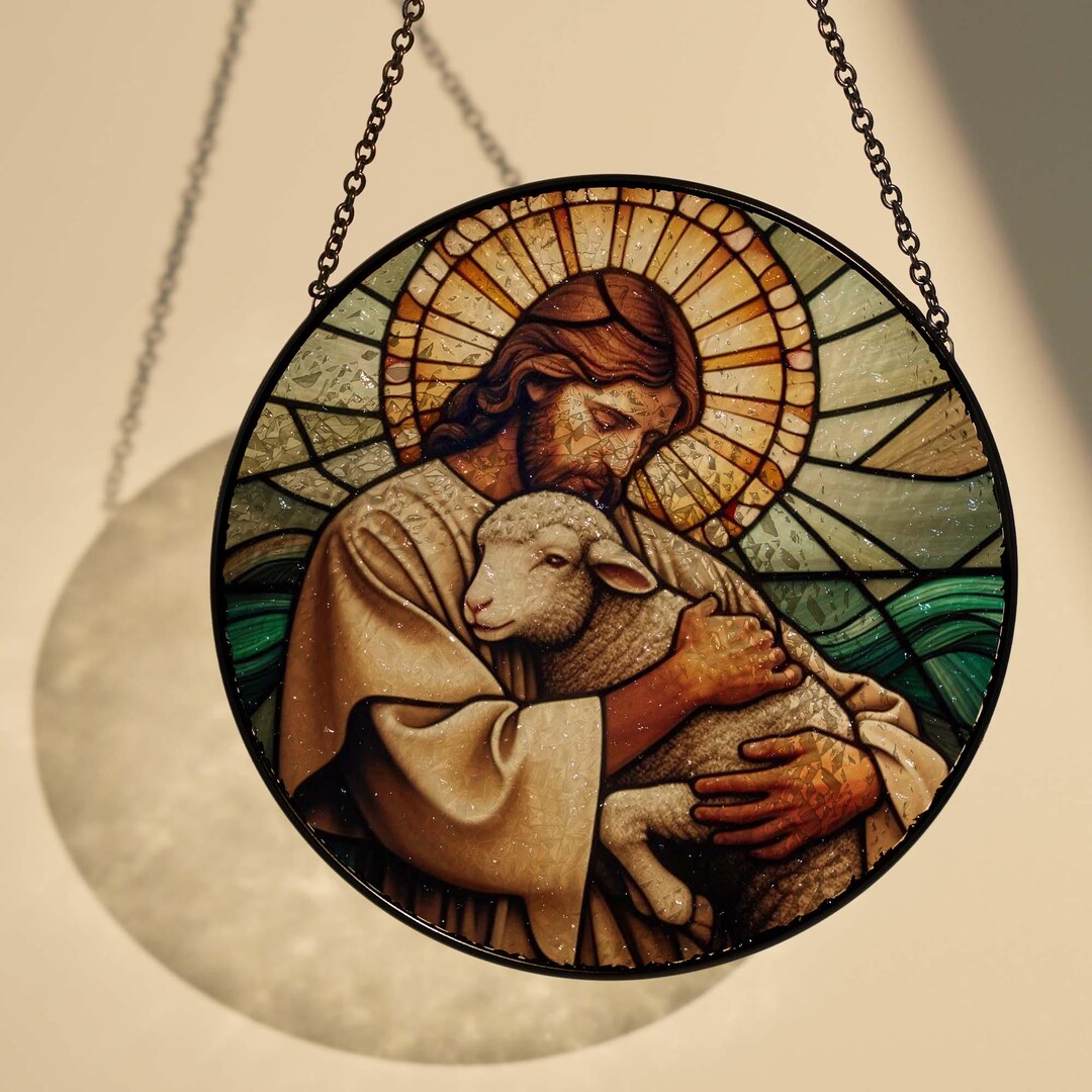 Jesus and Lamb Landscape GLASS Hanging, Jesus Christ, Lamb of God ...