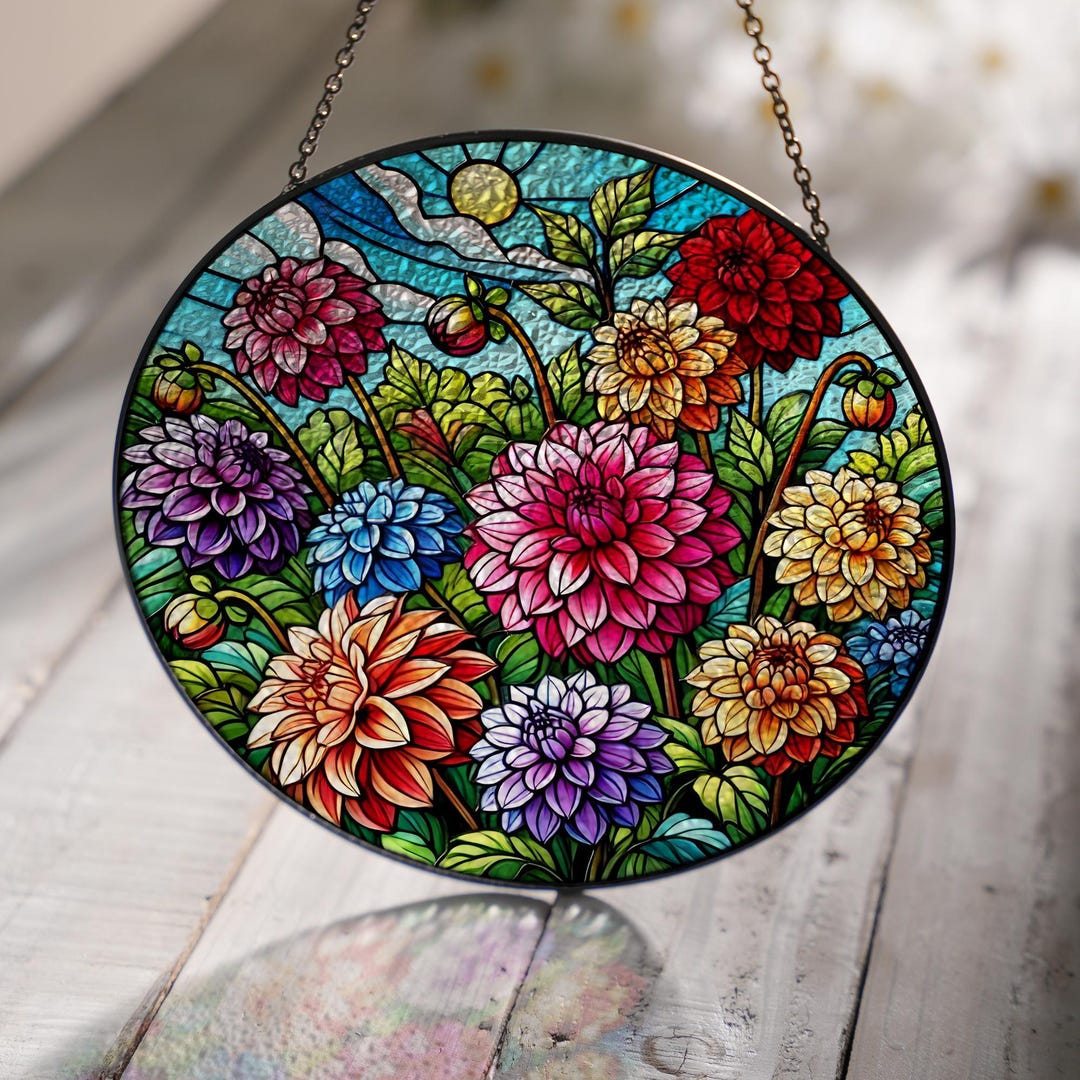 Dahlia Flower Glass Suncatcher: Floral Window Decor - Etsy
