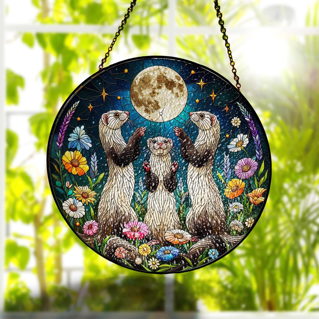 Three Ferrets Reaching to Full Moon Glass Hanigng- Funny Gifts for ...