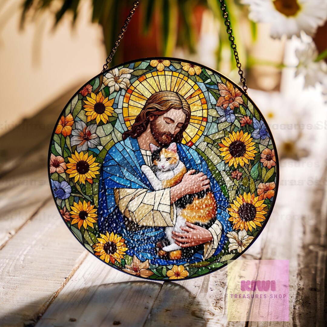 Jesus and Calico Cat GLASS Suncatcher Hanging, Jesus Christ, Calico Cat ...