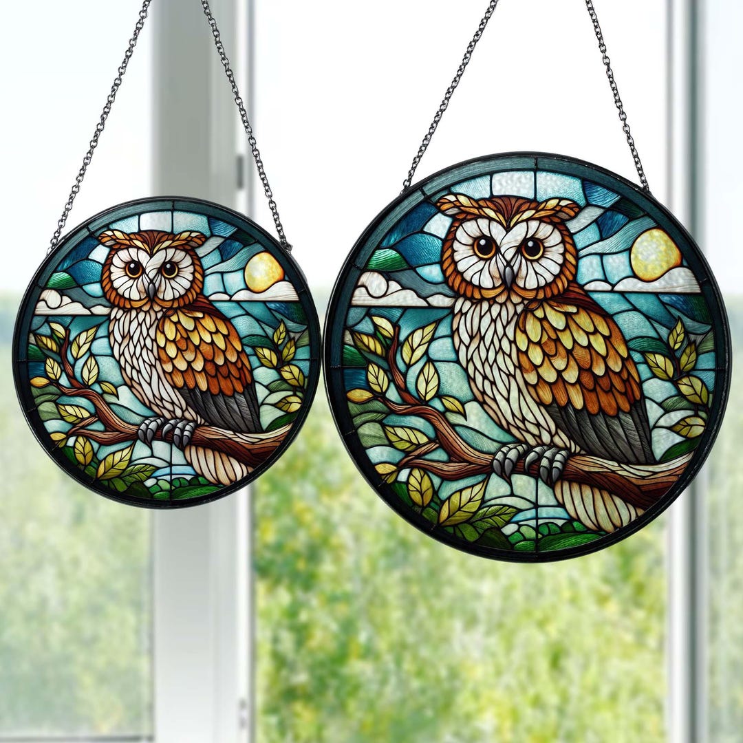 Owl on the Branch STAIN GLASS, Translucent Wall Art, Window Decor, Owl ...