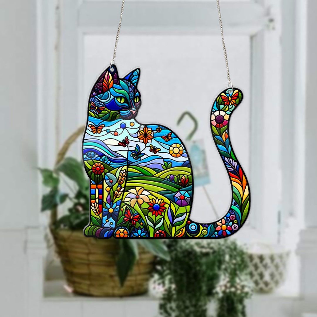 Floral Cat Acrylic Window Hanging: Tropical Home Decor - Etsy