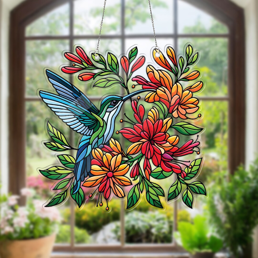 Hummingbird and Firecracker Flower ACRYLIC Window Hanging, Wall Art ...