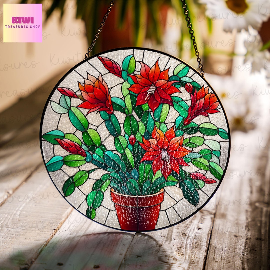Christmas Cactus GLASS Sun Catcher | Schlumbergera Sun Catcher Ornament ...