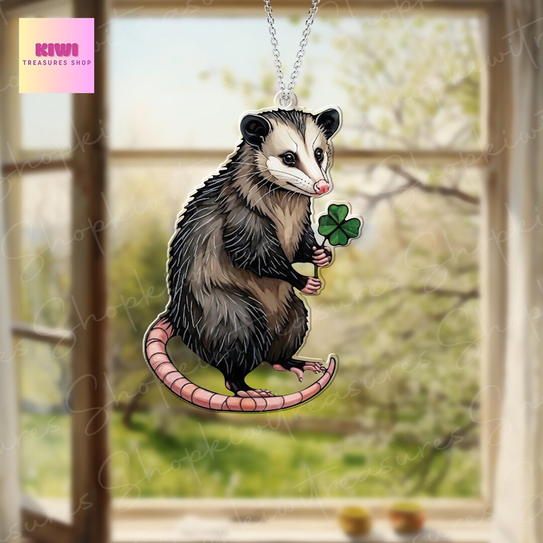 Opossum Holding Four Leaves Shamrock ACRYLIC Window Hanging, Funny ...