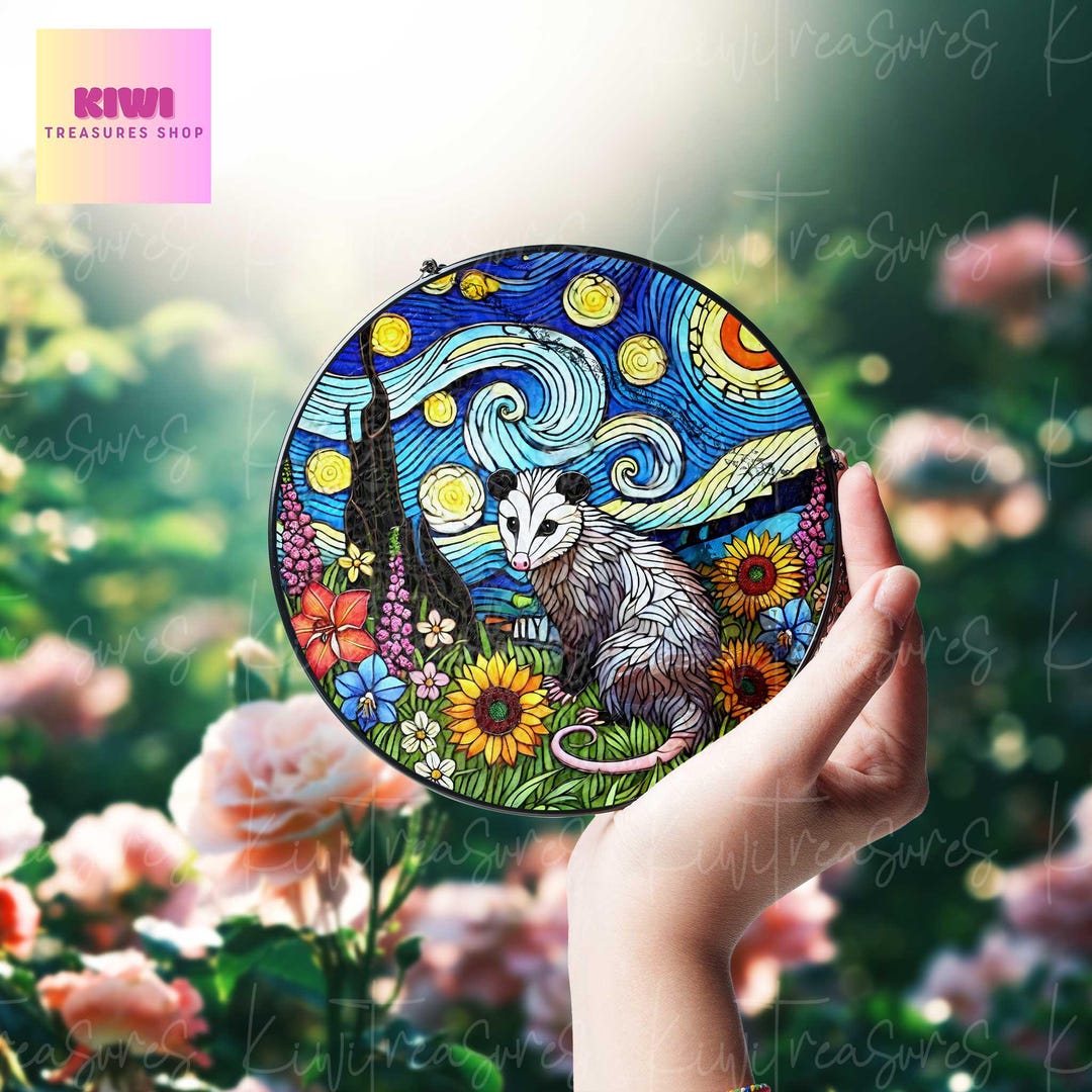 Opossum and Wildflowers Starry Night GLASS Suncatcher Hanging, Cute ...