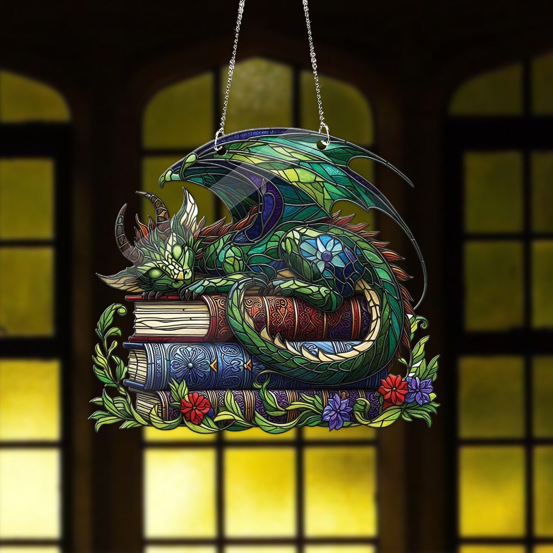 ACRYLIC Dragon Sleep Over Books Window Hanging, Book Lover Gift ...