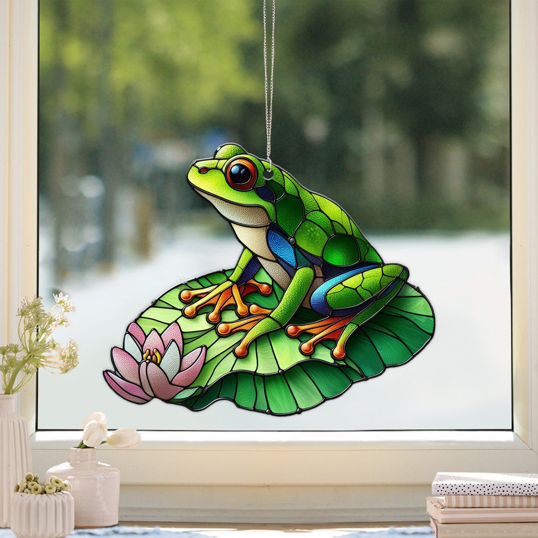 Green Frog Window Hanging, Frog Lotus Leaf Acrylic Window Hanging, Faux ...