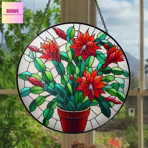 Christmas Cactus GLASS Sun Catcher | Schlumbergera Sun Catcher Ornament ...