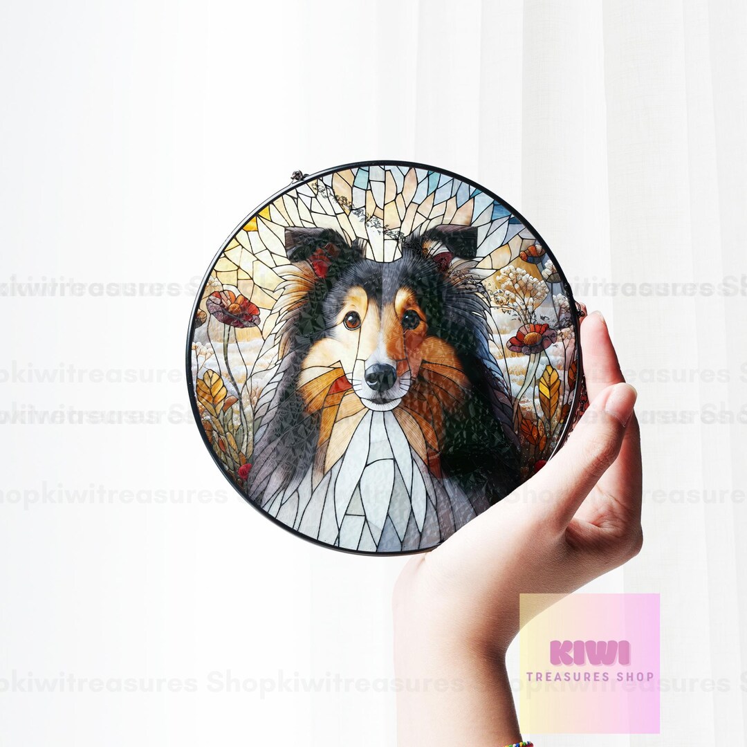 Shetland Potrait GLASS Suncatcher Hanging, Sheltie Winter Wildflower ...