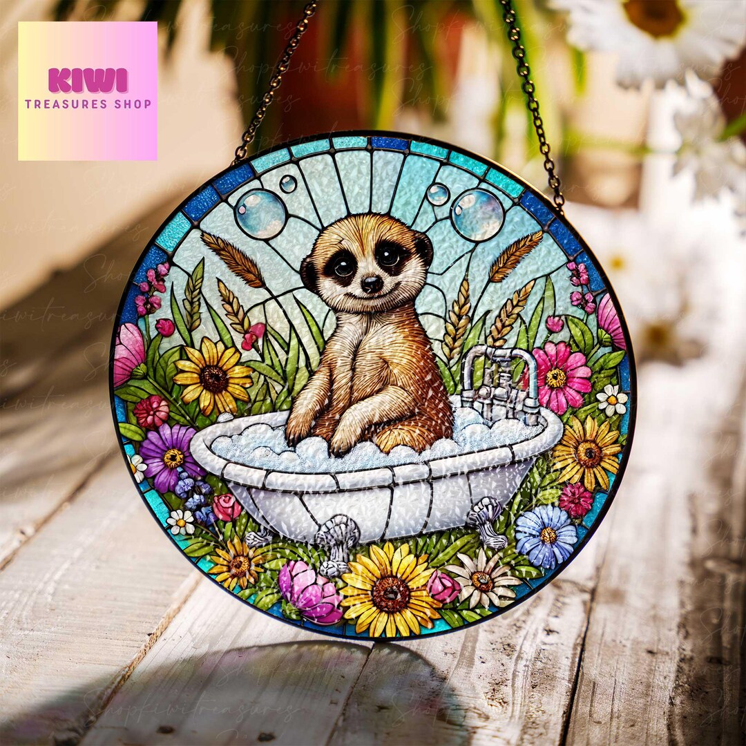 Cute Meerkat in Bath Tub Wildflowers GLASS Suncatcher Hanging, Meerkat ...
