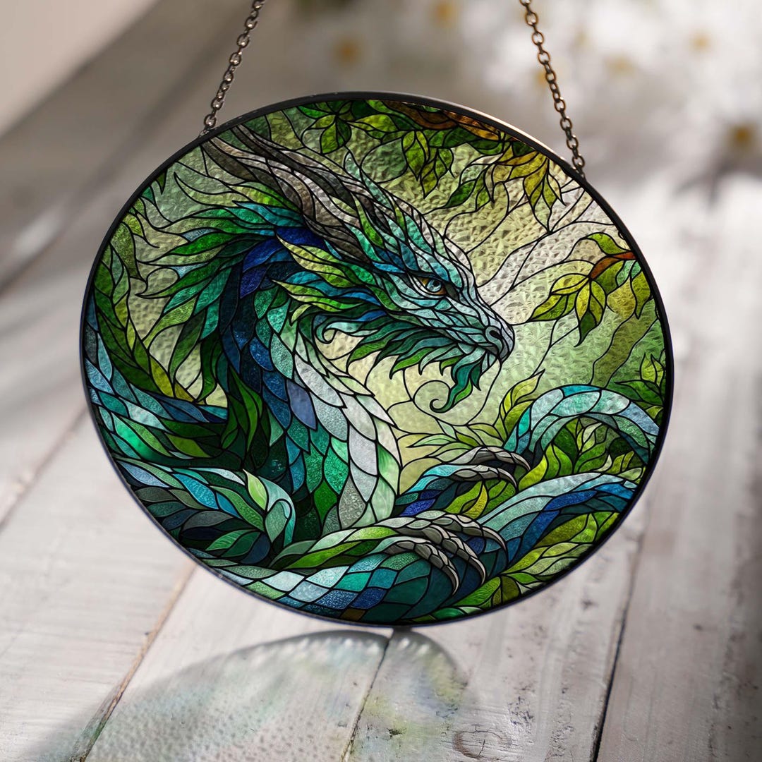 Blue Green Dragon GLASS Hanging, Fantasy Dragon Glass, Dragon Lover ...
