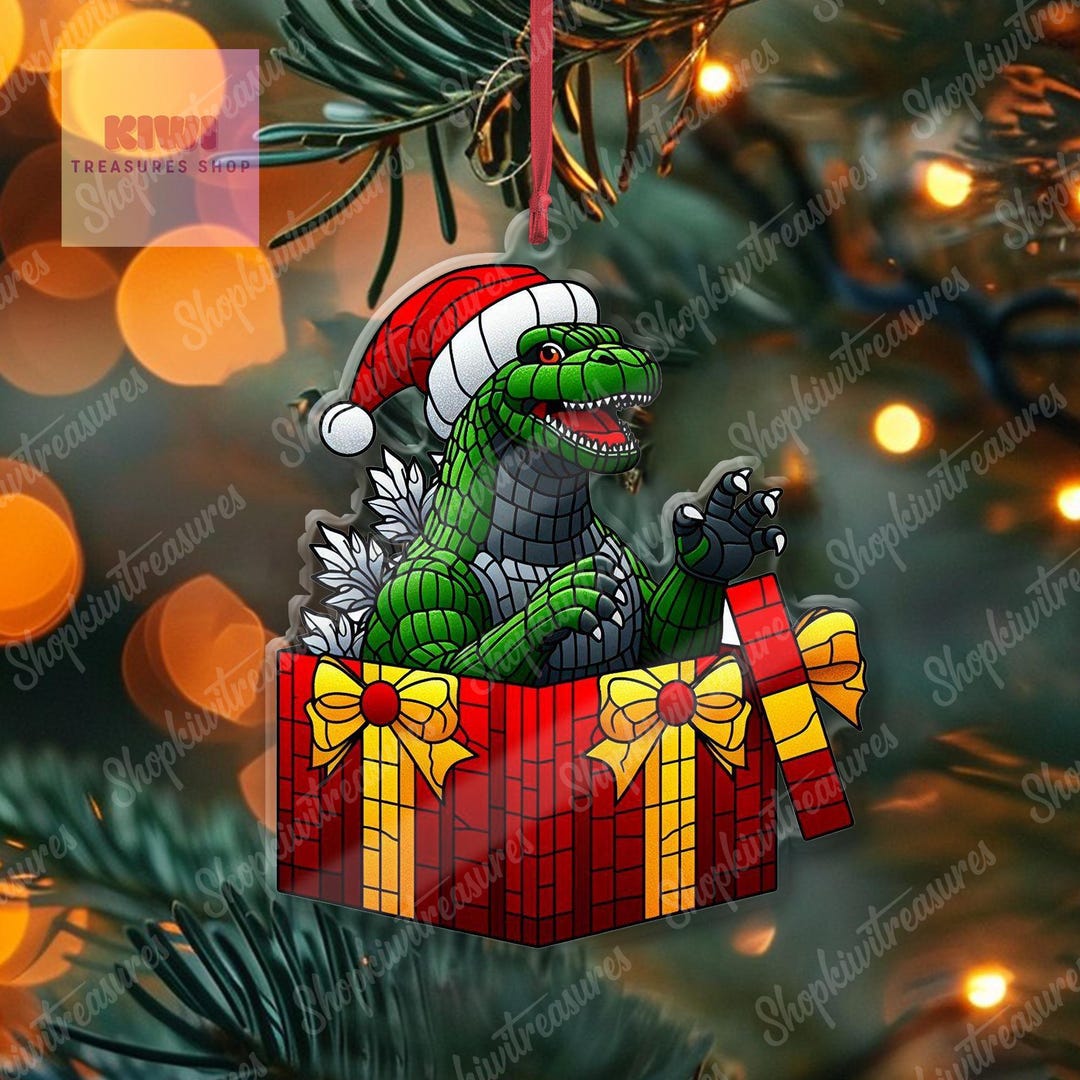Christmas Godzilla Peeking Inside Present Box Ornament Decor, Godzilla ...