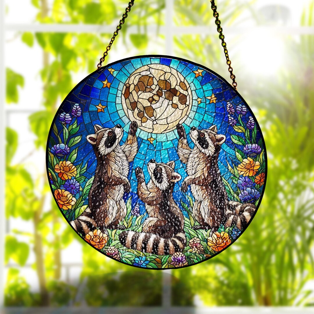 Three Raccoons Reaching to Full Moon Glass Hanigng- Funny Gifts for ...
