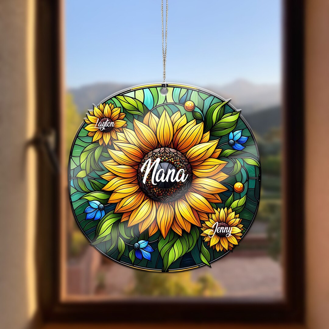 Custom Nana Grandkids Sunflower Acrylic Window Hanging: Faux Stained ...