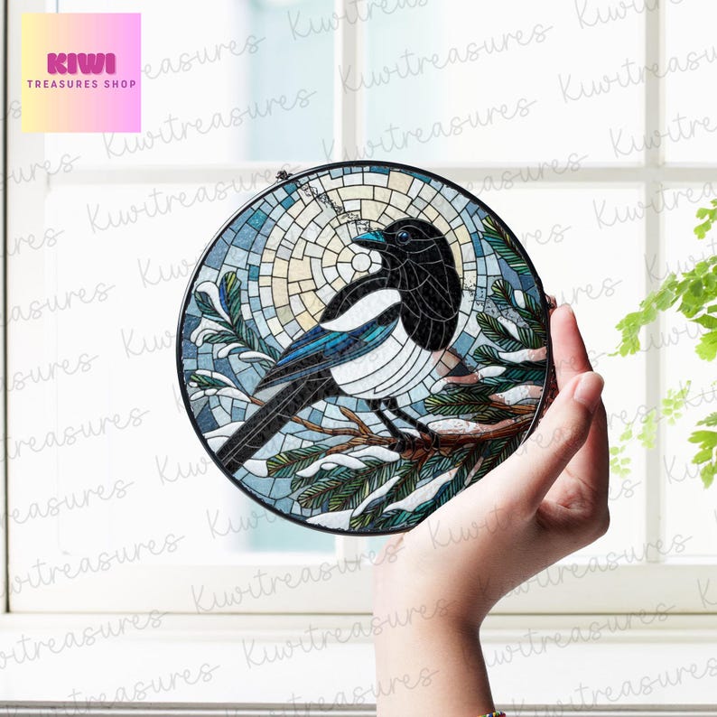 Magpie Glass Suncatcher: Bird Lover Window Hanging - Etsy