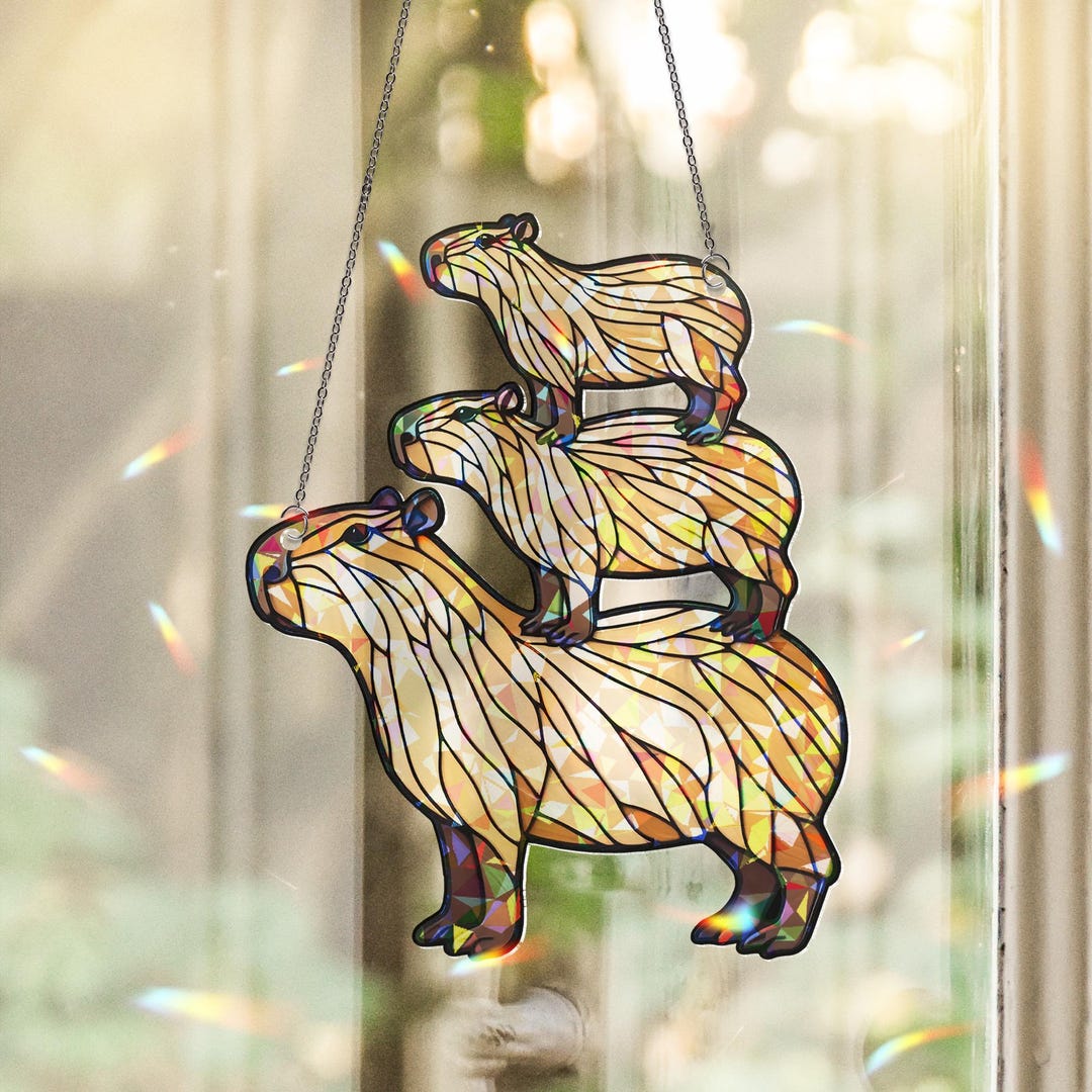 Three Capybara Stack Hologram Suncatcher Ornament, Whimsical Window ...
