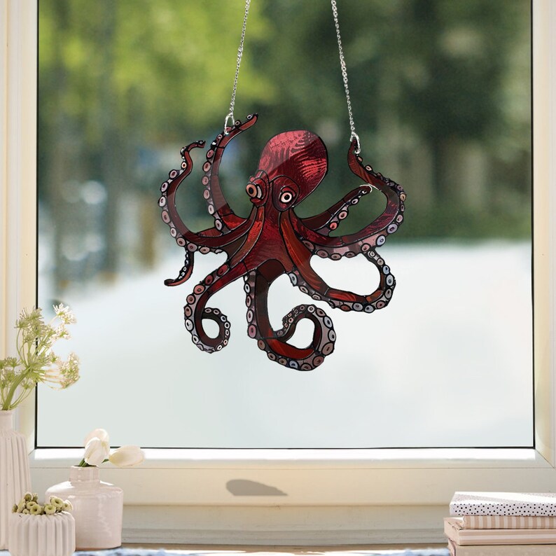 Red Octopus Acrylic Window Hanging: Faux Stained Glass Decor - Etsy