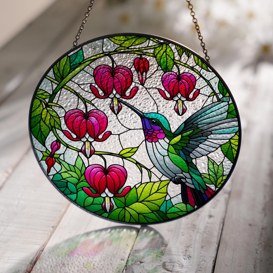 Hummingbird & Bleeding Heart Glass Suncatcher: Window Ornament - Etsy