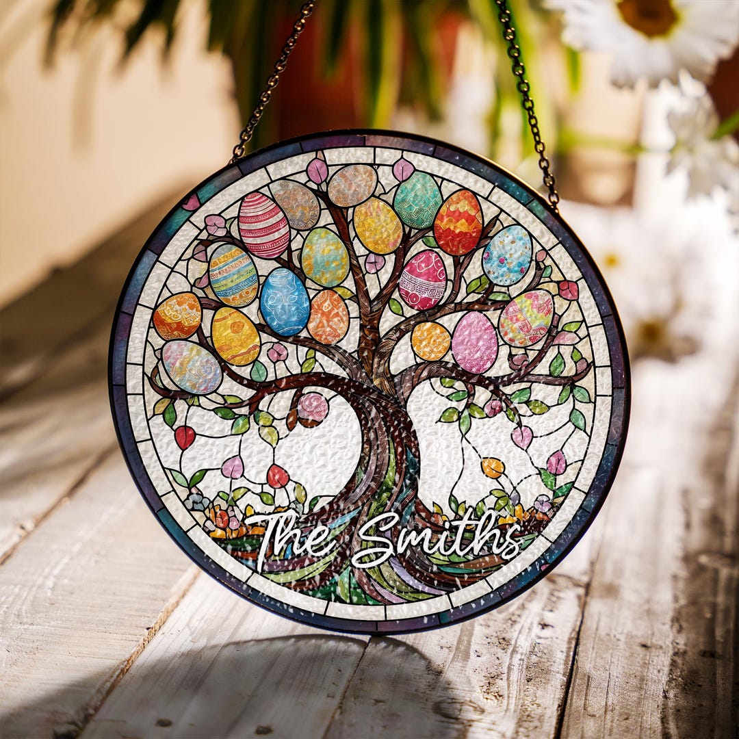 Custom Easter's Day Family Tree Glass Suncatcher, Easter Tree ...