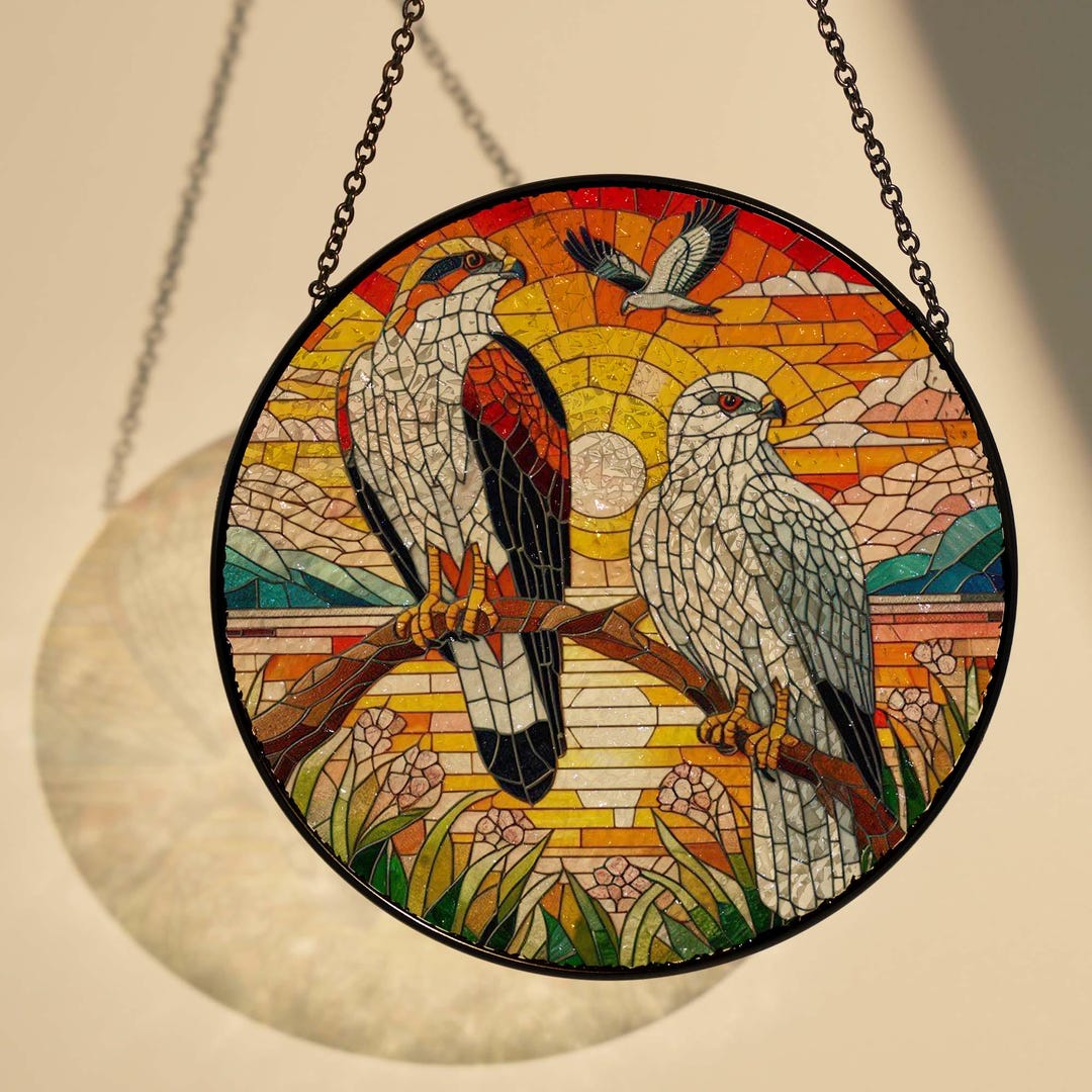 Red Tailed Hawk Couple on Branch GLASS Hanging, Bird Nerd, Sunset ...