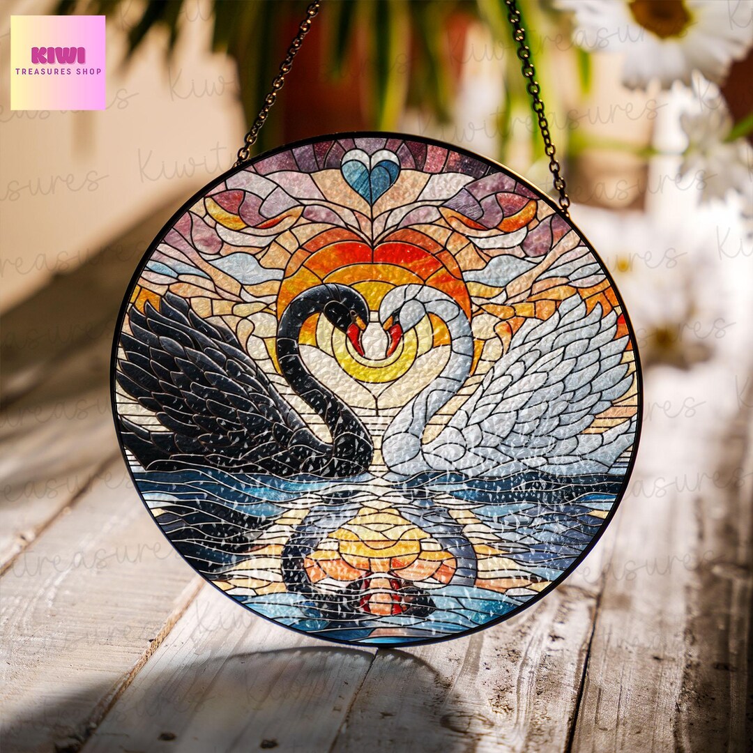 Swan Couple GLASS Hanging, Swan Lover Decor, Sunset Landscape Glass ...