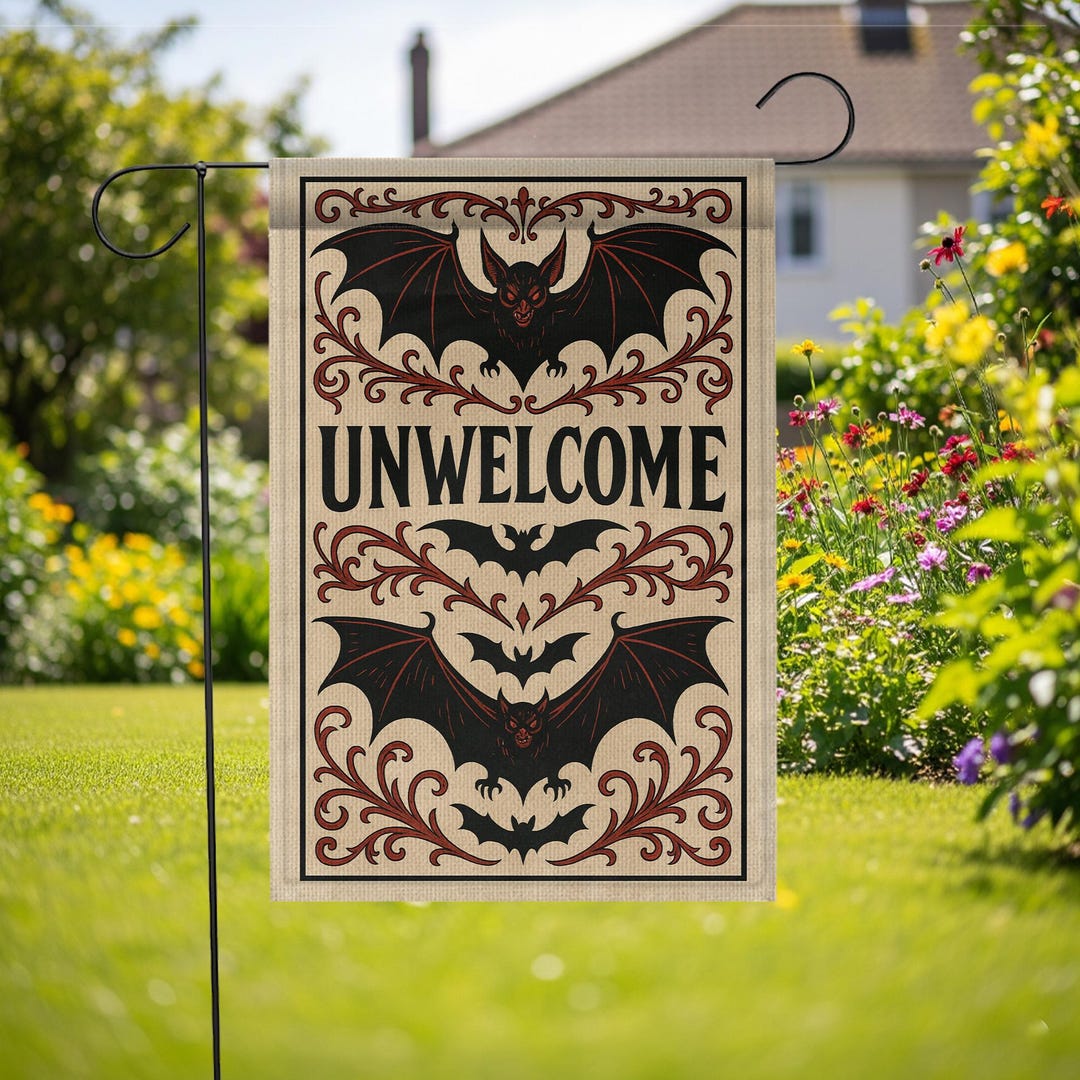 Gothic Halloween Garden Flag: Unwelcome Bat Decor, Spooky Outdoor ...