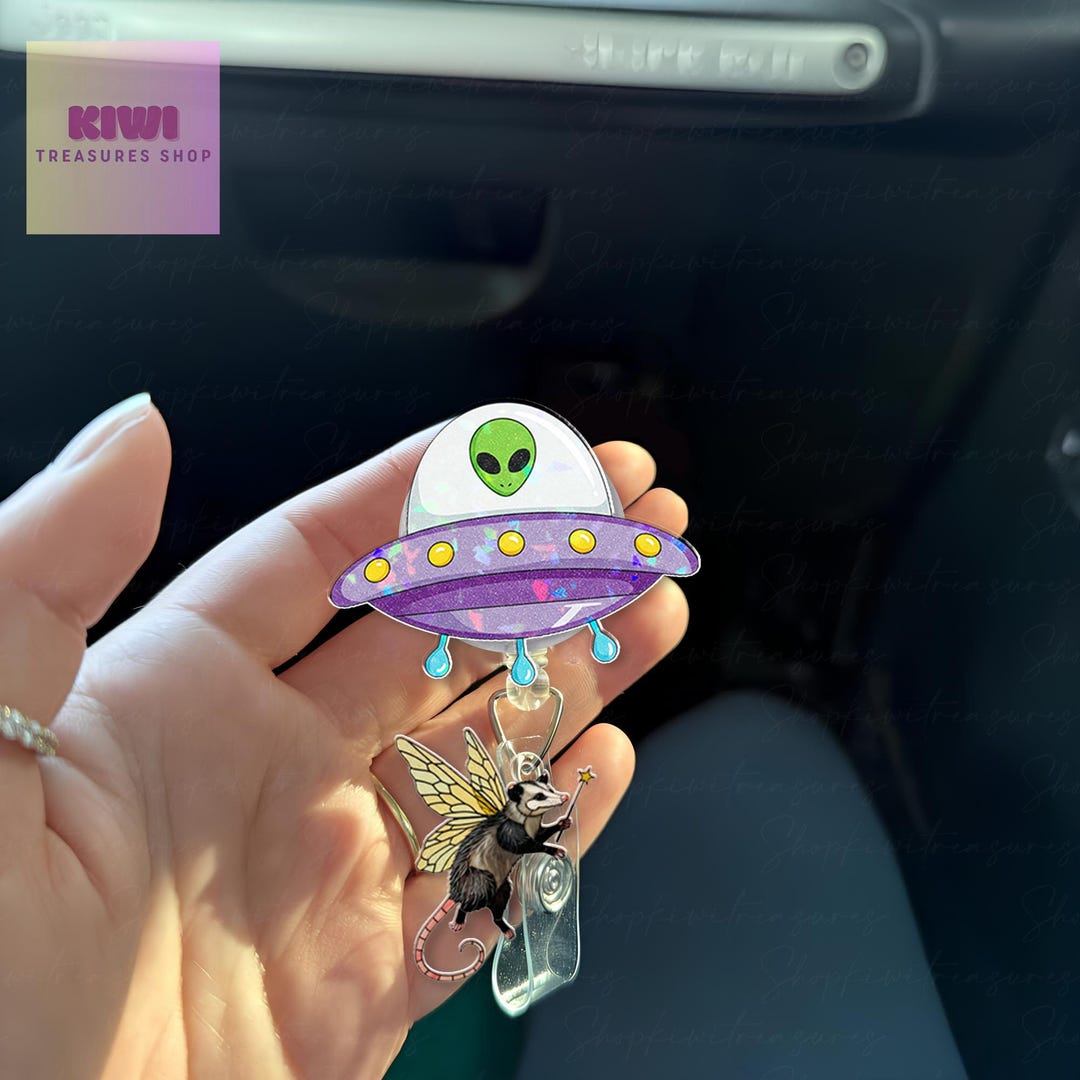 Funny Ufo Abduction Fairy Opossum Badge Reel, Funny Ufo Alien Badge ...
