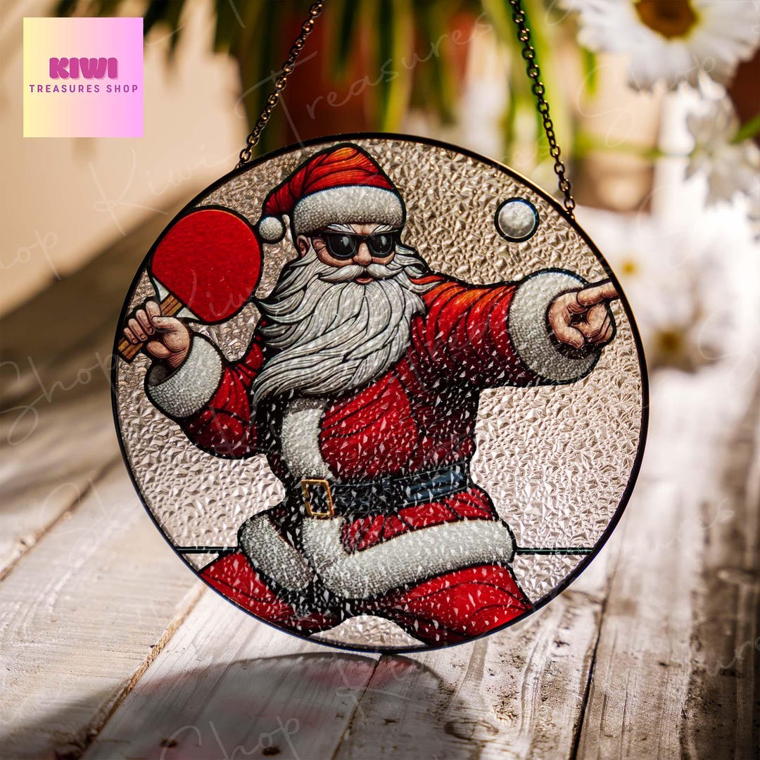 Santa Claus Plays Ping Pong GLASS Suncatcher Hanging, Christmas Tennis ...