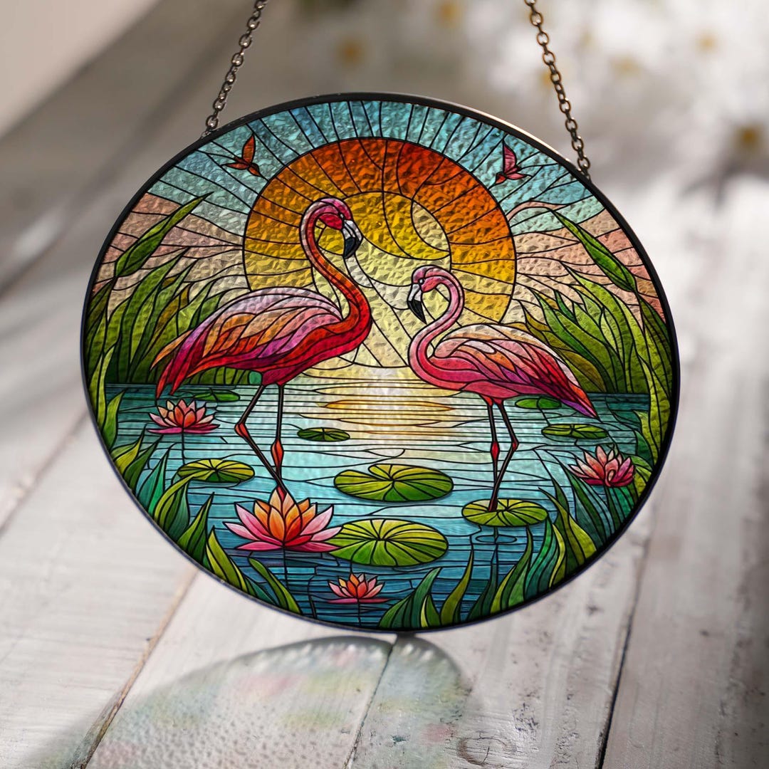 Flamingo Couple Sunset GLASS Window Hanging, Flamingo Window Hanging ...