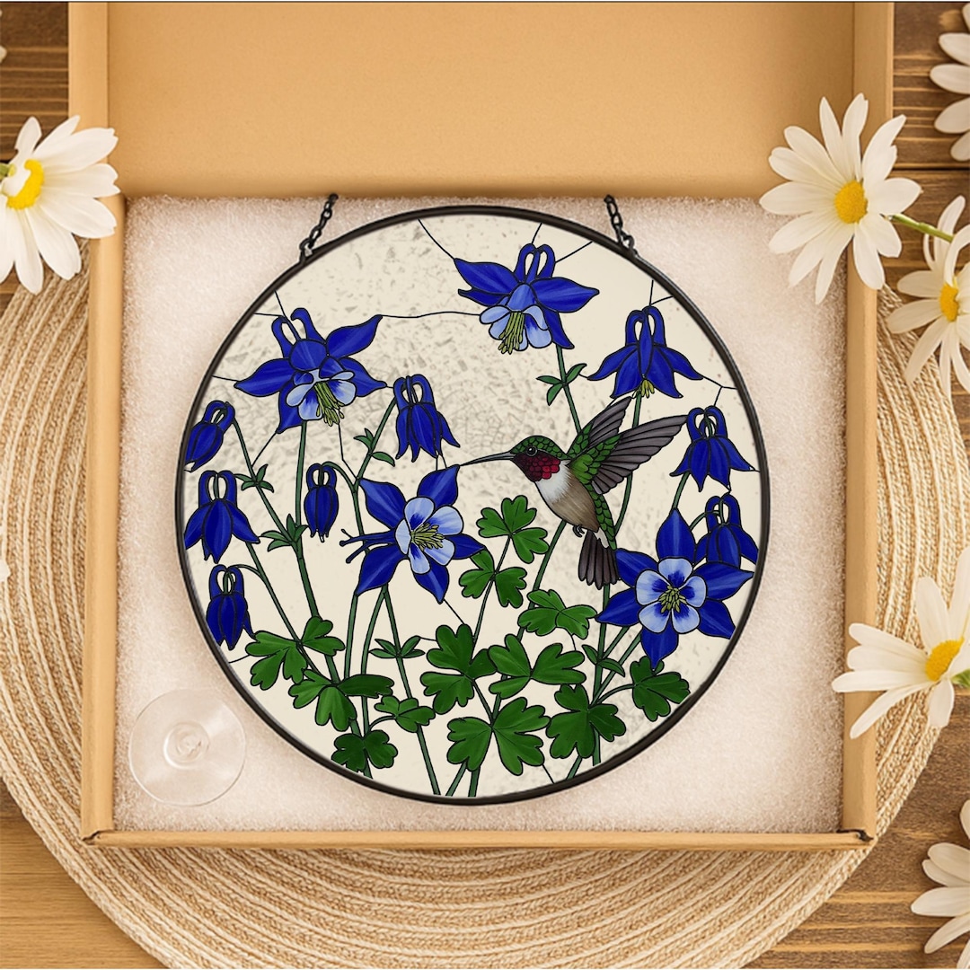 Hummingbird and Blue Columbine Flower Glass Suncatcher | Mother’s Day ...